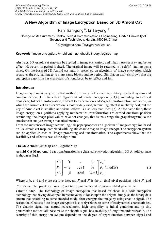 A New Algorithm of Image Encryption Based on 3D Arnold Cat | Scientific.Net