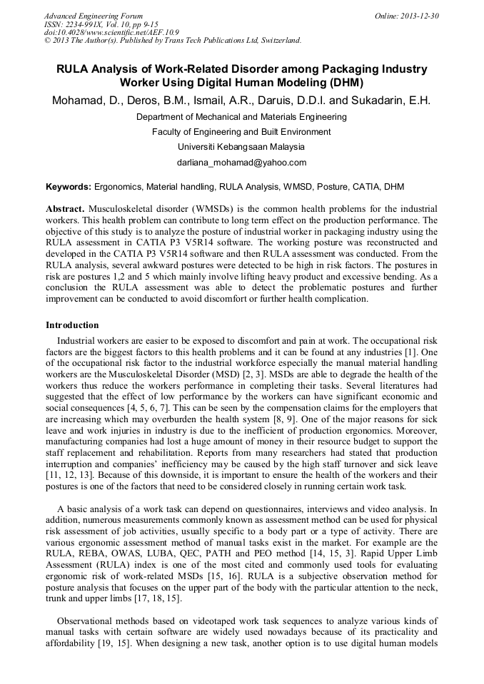 RULA Analysis of Work-Related Disorder among Packaging Industry Worker ...