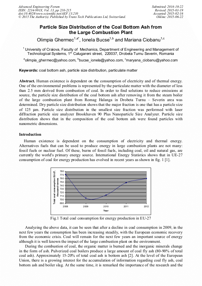 Particle Size Distribution of the Coal Bottom Ash from the Large ...