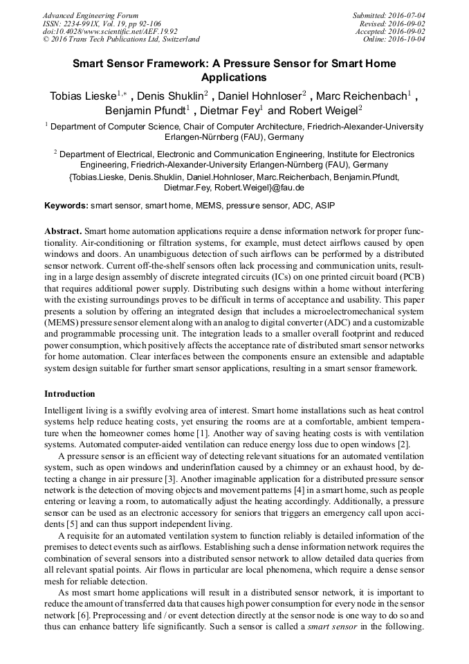 Smart Sensor Framework: A Pressure Sensor for Smart Home Applications | Scientific.Net