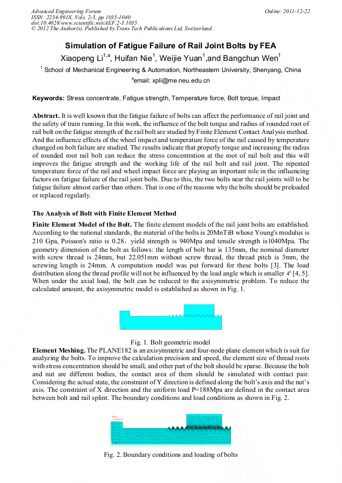 Simulation of Fatigue Failure of Rail Joint Bolts by FEA | Scientific.Net