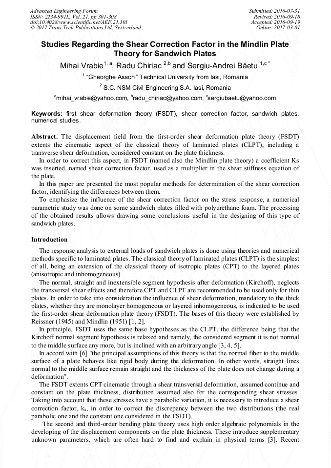 Studies Regarding the Shear Correction Factor in the Mindlin Plate ...