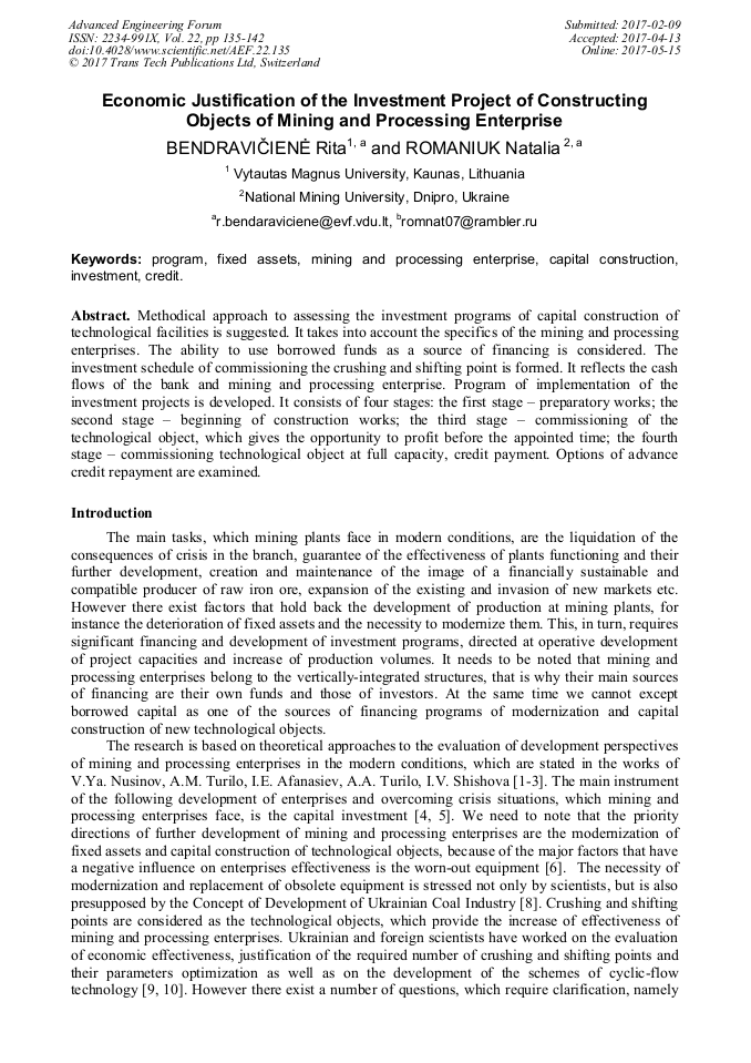 Economic Justification of the Investment Project of Constructing ...