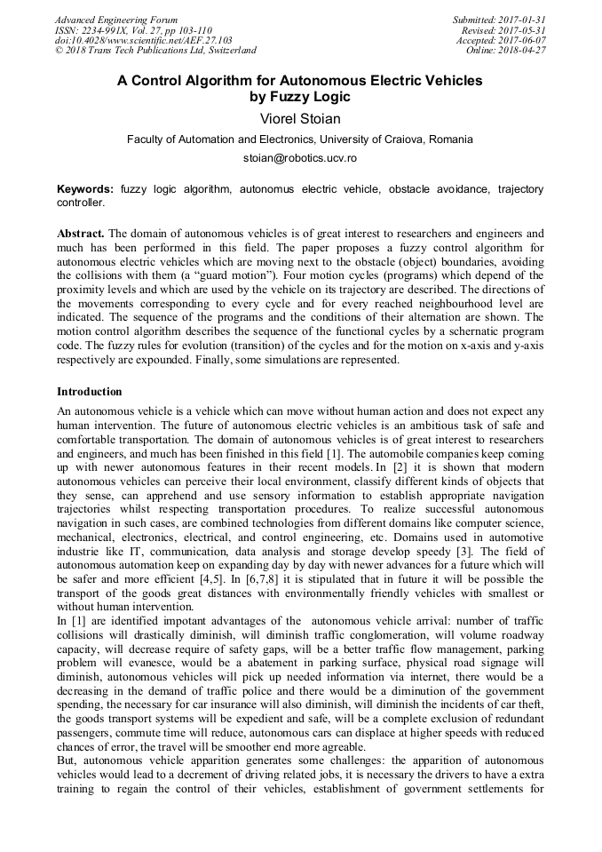 A Control Algorithm for Autonomous Electric Vehicles by Fuzzy Logic ...