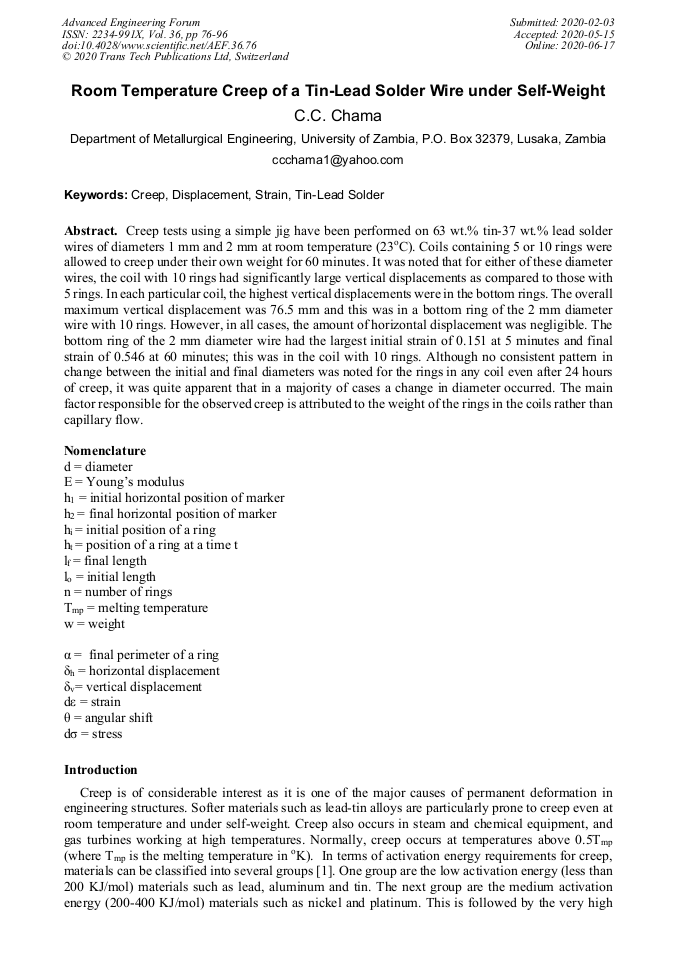 Room Temperature Creep of a Tin-Lead Solder Wire under Self-Weight ...