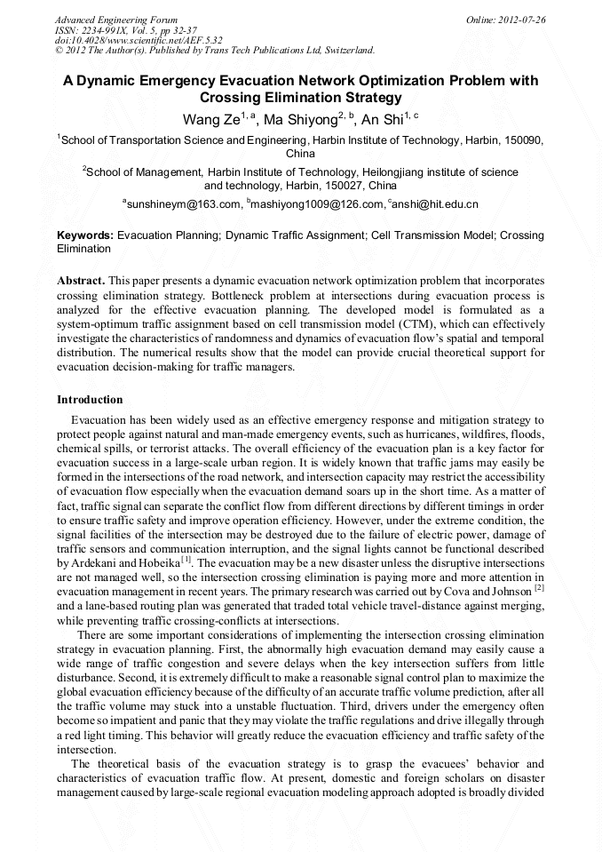 A Dynamic Emergency Evacuation Network Optimization Problem with Crossing Elimination Strategy ...