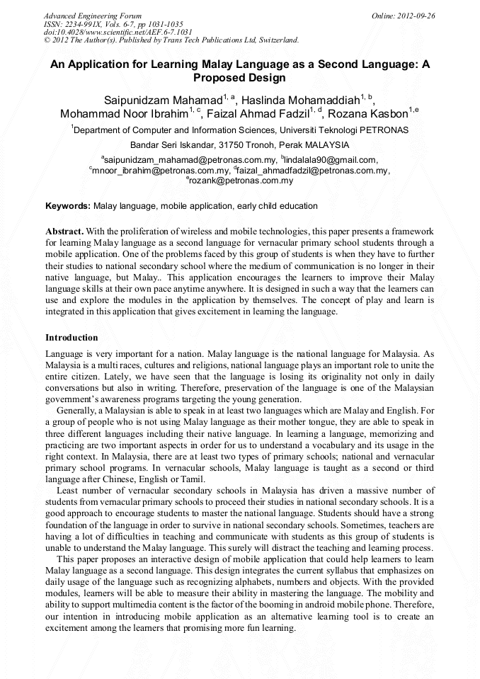 An Application for Learning Malay Language as a Second Language: A ...