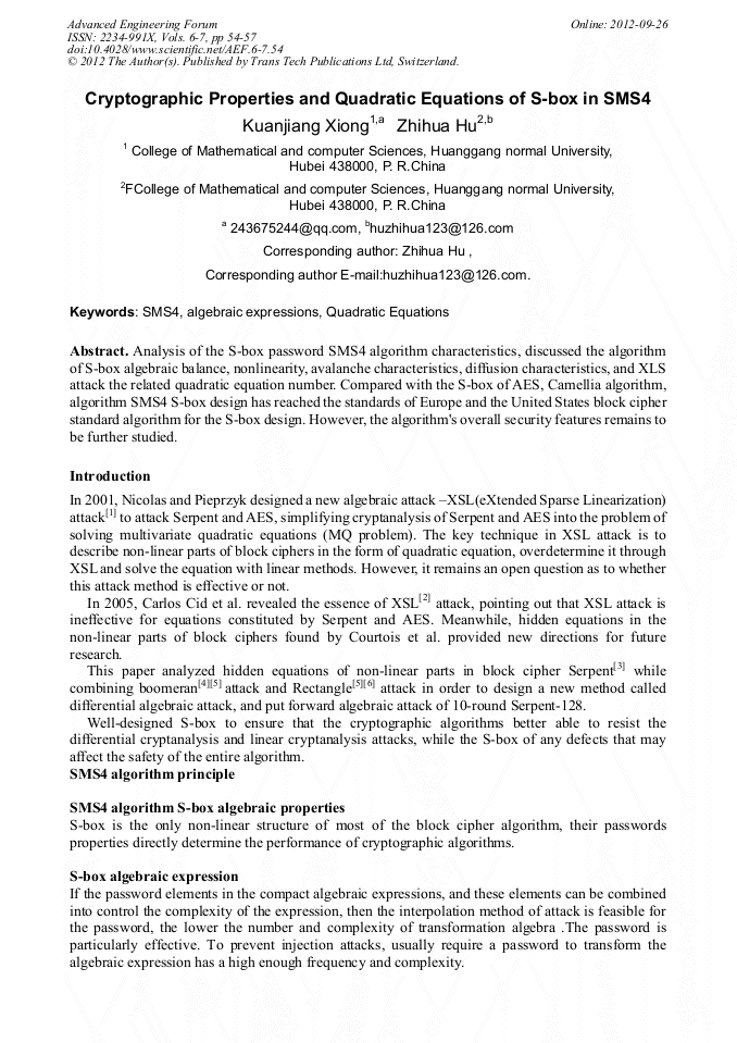 Cryptographic Properties and Quadratic Equations of S-Box in SMS4 ...