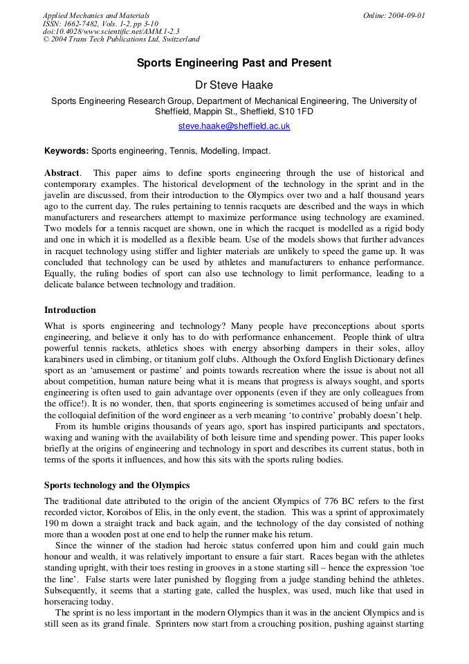 Sports Engineering Past and Present | Scientific.Net