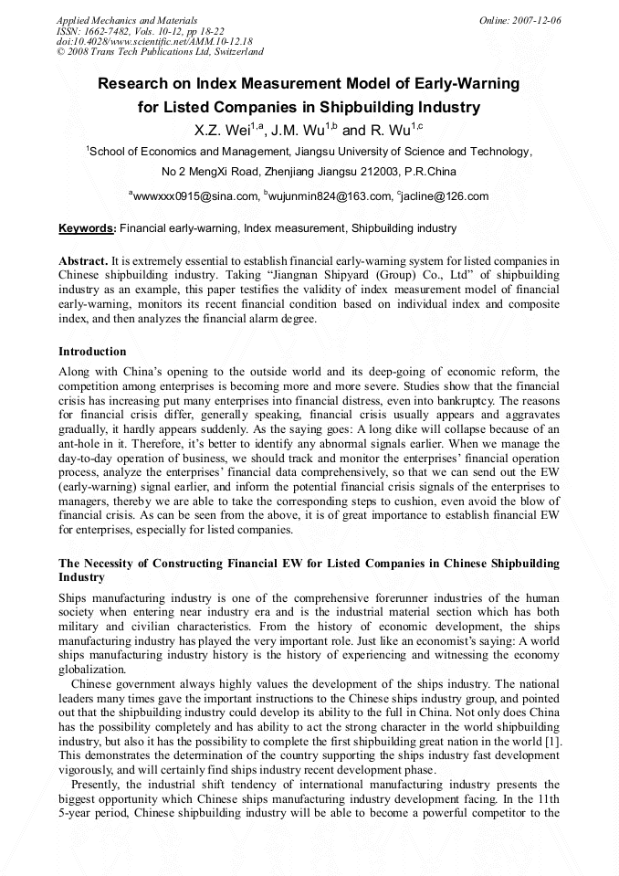 Research on Index Measurement Model of Early-Warning for Listed ...