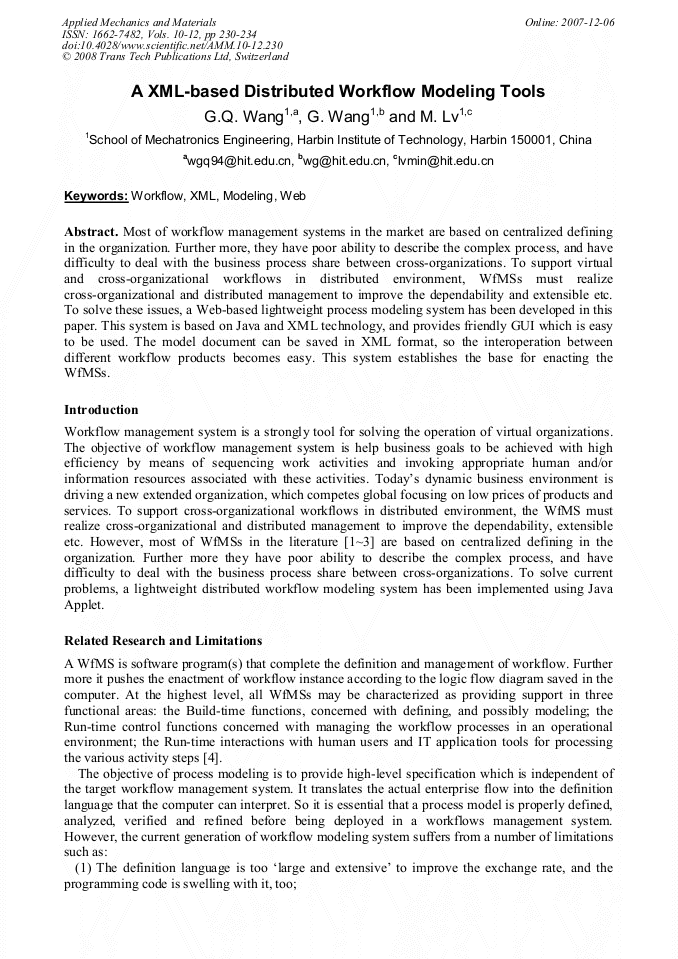 A XML-Based Distributed Workflow Modeling Tools | Scientific.Net