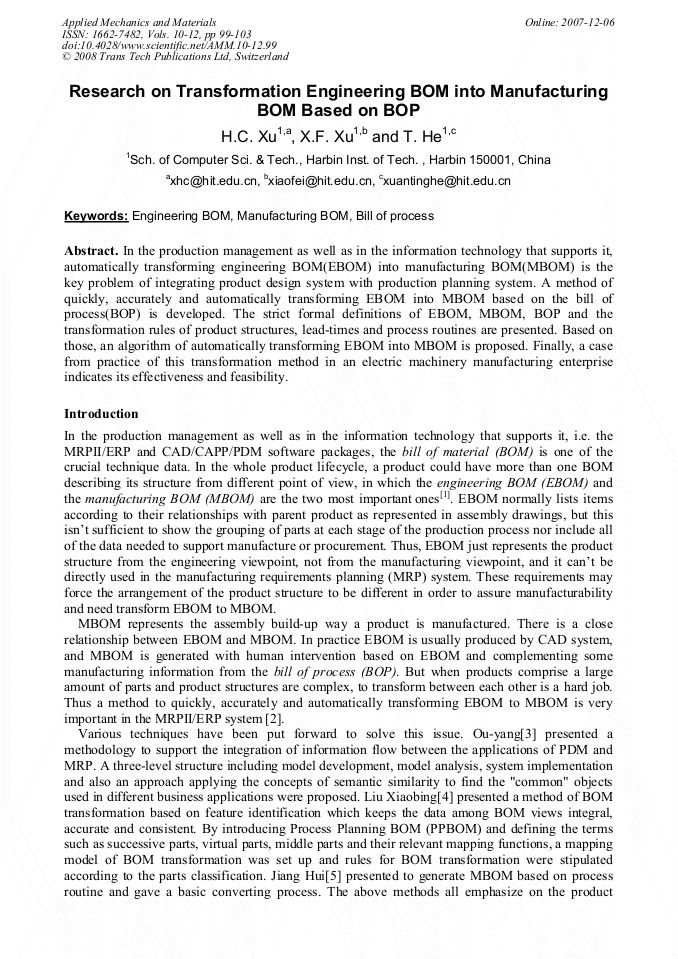 Research on Transformation Engineering BOM into Manufacturing BOM Based ...