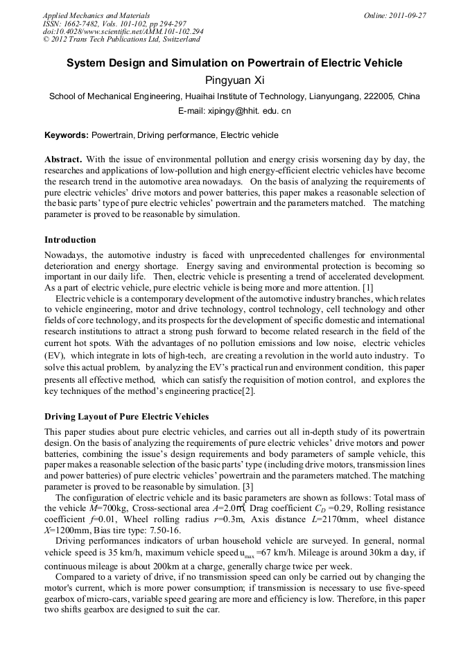 System Design and Simulation on Powertrain of Electric Vehicle ...