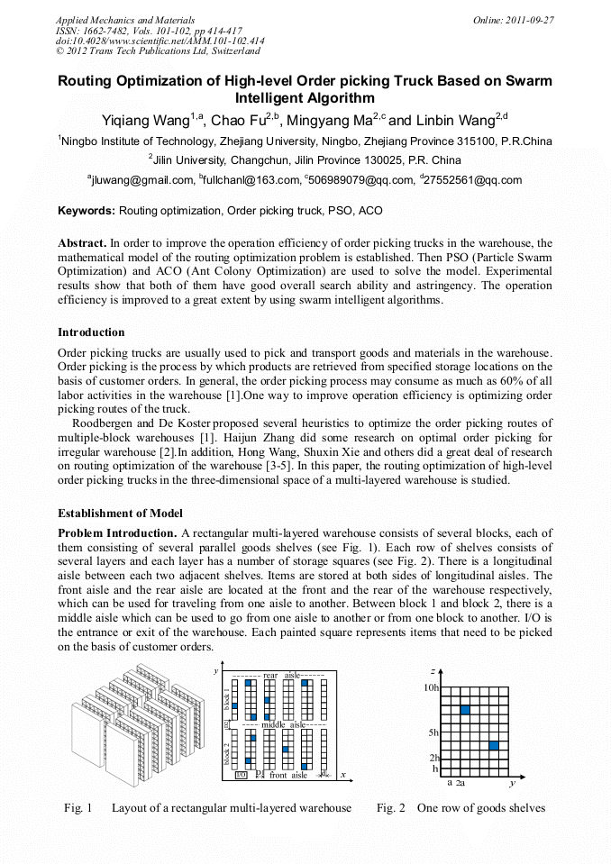 Routing Optimization of High-Level Order Picking Truck Based on Swarm Intelligent Algorithm ...