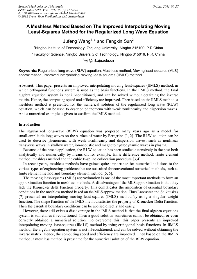 A Meshless Method Based on the Improved Interpolating Moving Least-Squares Method for the ...