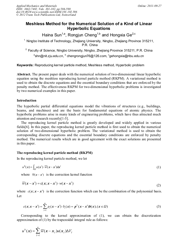 Meshless Method for the Numerical Solution of a Kind of Linear ...