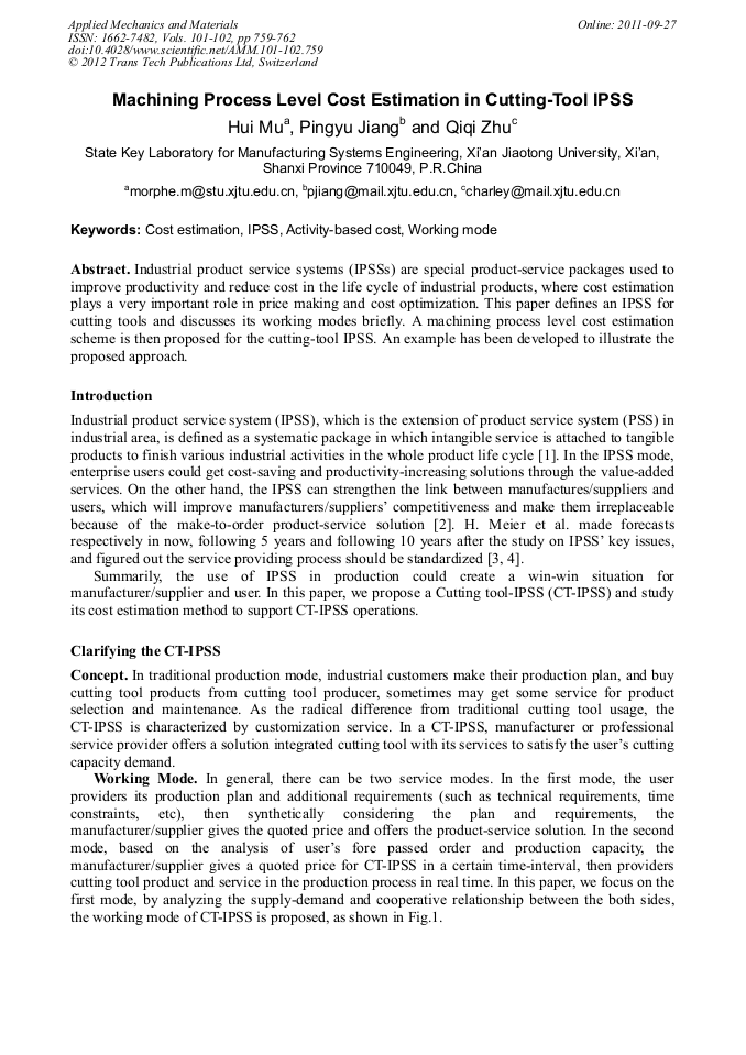 Machining Process Level Cost Estimation in Cutting-Tool IPSS | Scientific.Net