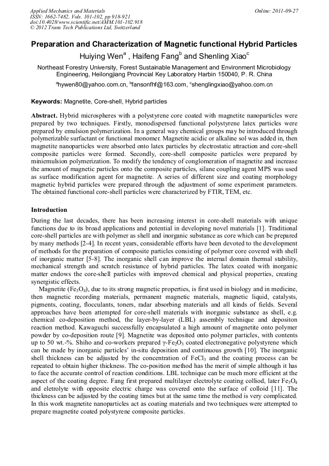Preparation and Characterization of Magnetic Functional Hybrid ...