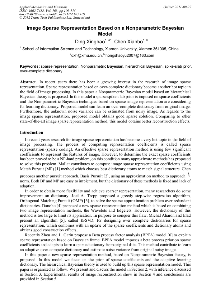 Image Sparse Representation Based on a Nonparametric Bayesian Model | Scientific.Net