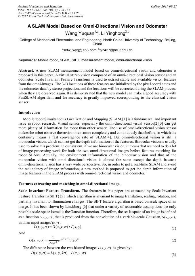 A SLAM Model Based on Omni-Directional Vision and Odometer | Scientific.Net