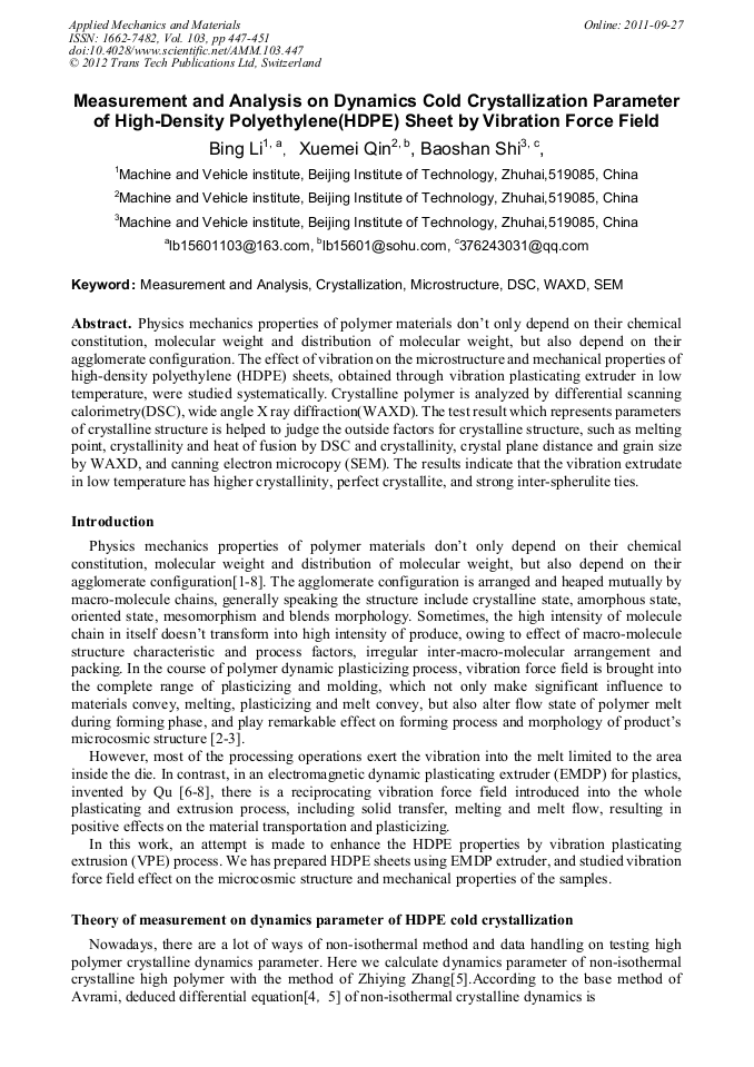 Measurement and Analysis on Dynamics Cold Crystallization Parameter of ...