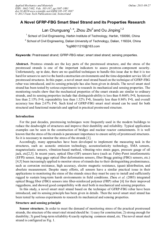 A Novel GFRP-FBG Smart Steel Strand and its Properties Research ...