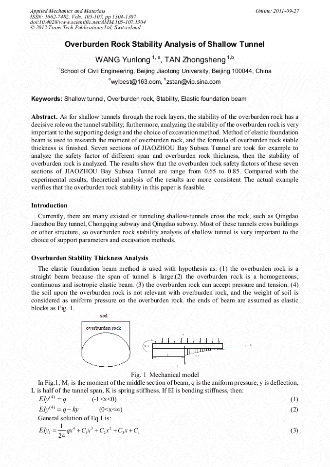 Overburden Rock Stability Analysis of Shallow Tunnel | Scientific.Net