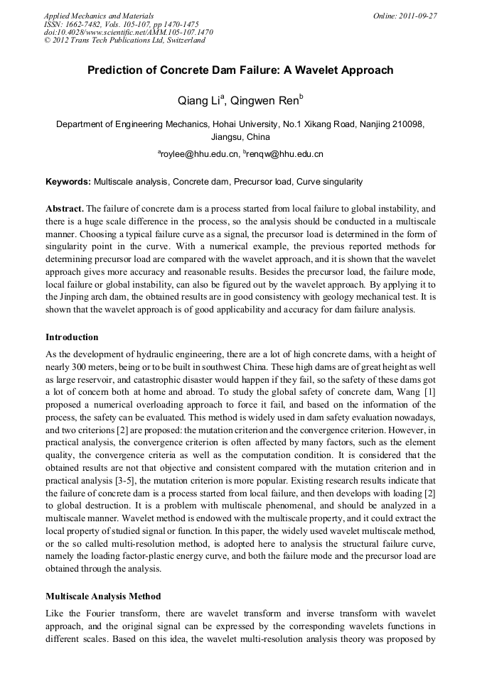 Prediction of Concrete Dam Failure: A Wavelet Approach | Scientific.Net