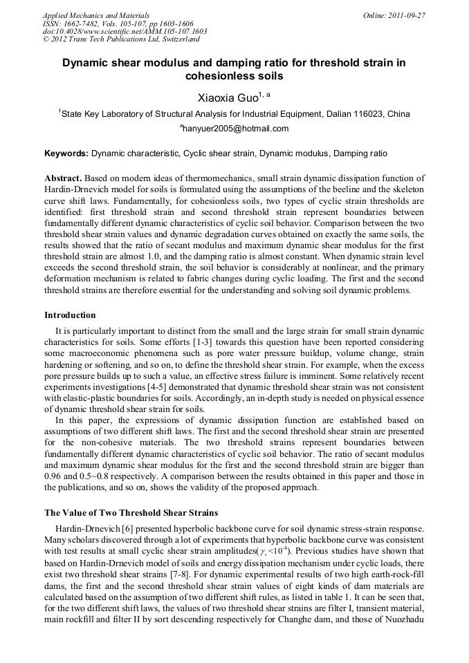 Dynamic Shear Modulus and Damping Ratio for Threshold Strain in ...