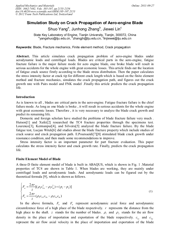 Simulation Study on Crack Propagation of Aero-Engine Blade | Scientific.Net