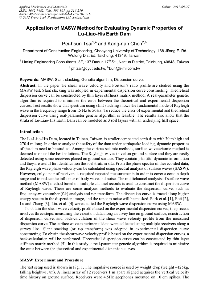 Application of MASW Method for Evaluating Dynamic Properties of Lu-Liao ...