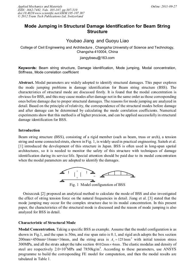 Mode Jumping in Structural Damage Identification for Beam String Structure | Scientific.Net