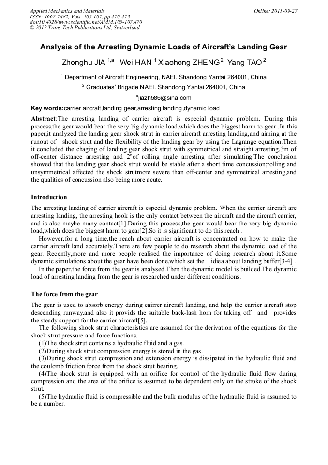 Analysis of the Arresting Dynamic Loads of Aircraft’s Landing Gear ...