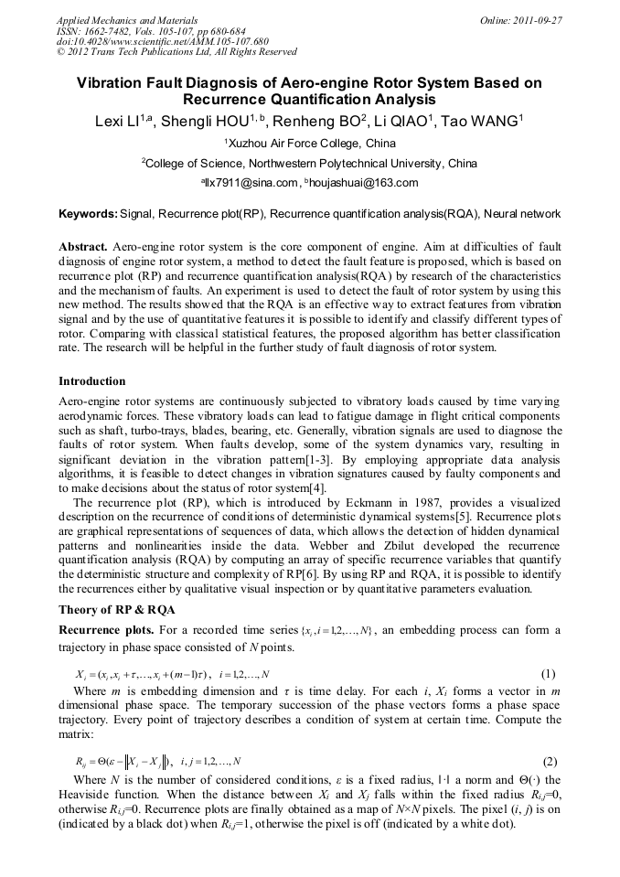 Vibration Fault Diagnosis of Aero-Engine Rotor System Based on Recurrence Quantification ...