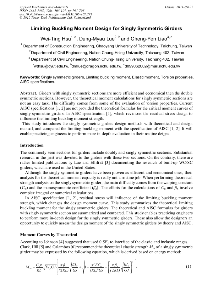Limiting Buckling Moment Design for Singly Symmetric Girders ...