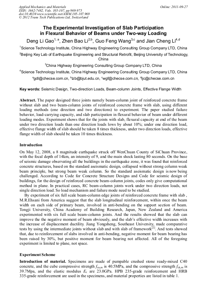The Experimental Investigation of Slab Participation in Flexural ...