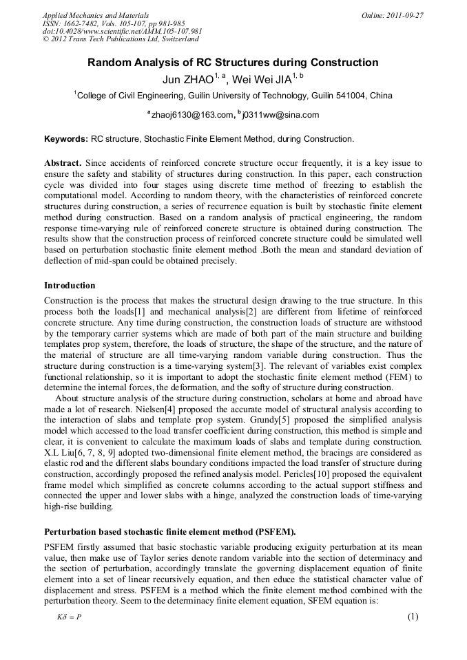 Random Analysis of RC Structures during Construction | Scientific.Net