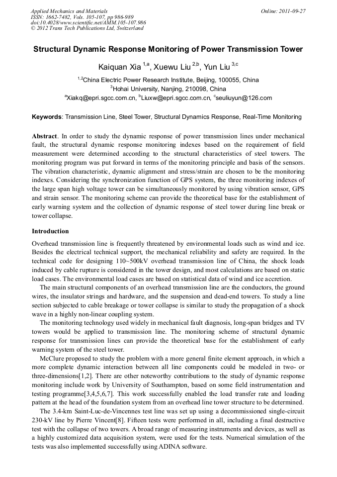 Structural Dynamic Response Monitoring of Power Transmission Tower ...
