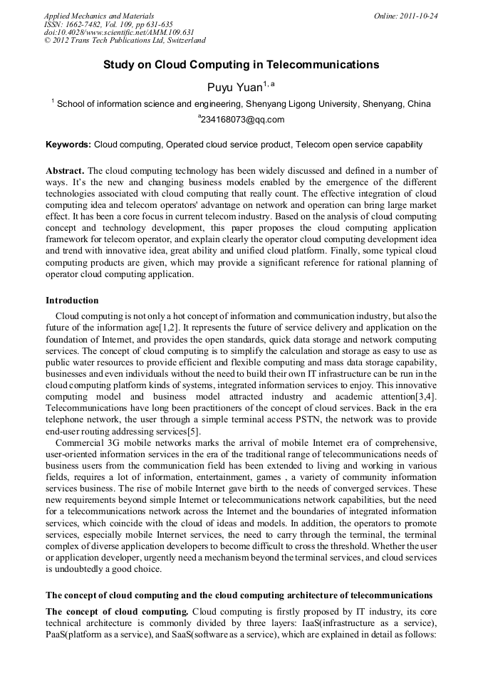 Study on Cloud Computing in Telecommunications | Scientific.Net