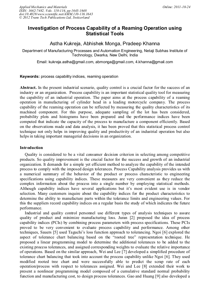 Investigation of Process Capability of a Reaming Operation Using ...