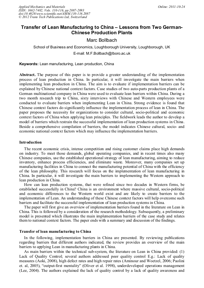 Transfer of Lean Manufacturing to China – Lessons from Two German ...