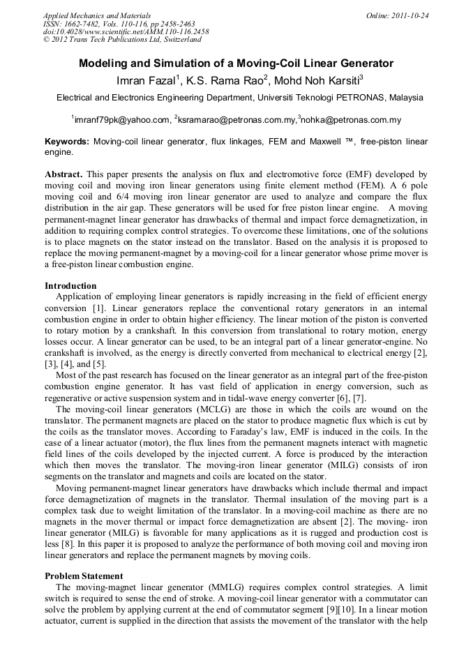 Modeling and Simulation of a Moving-Coil Linear Generator | Scientific.Net