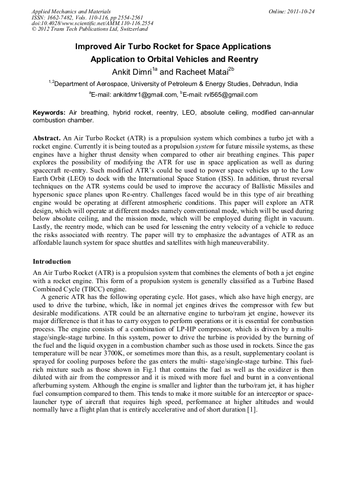 Improved Air Turbo Rocket for Space Applications Application to Orbital ...