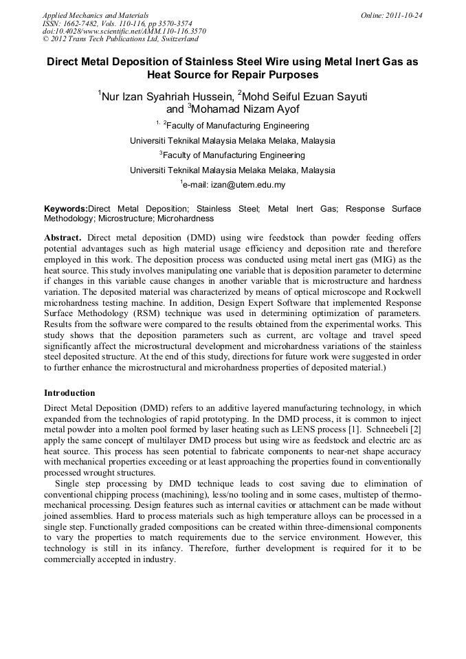 Direct Metal Deposition of Stainless Steel Wire Using Metal Inert Gas ...