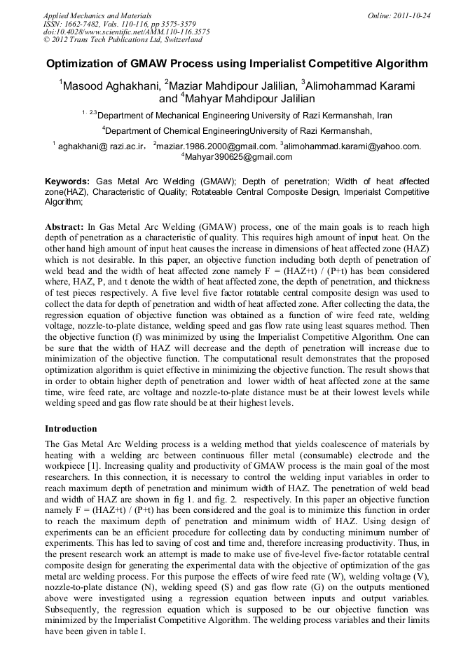 Optimization of GMAW Process Using Imperialist Competitive Algorithm ...