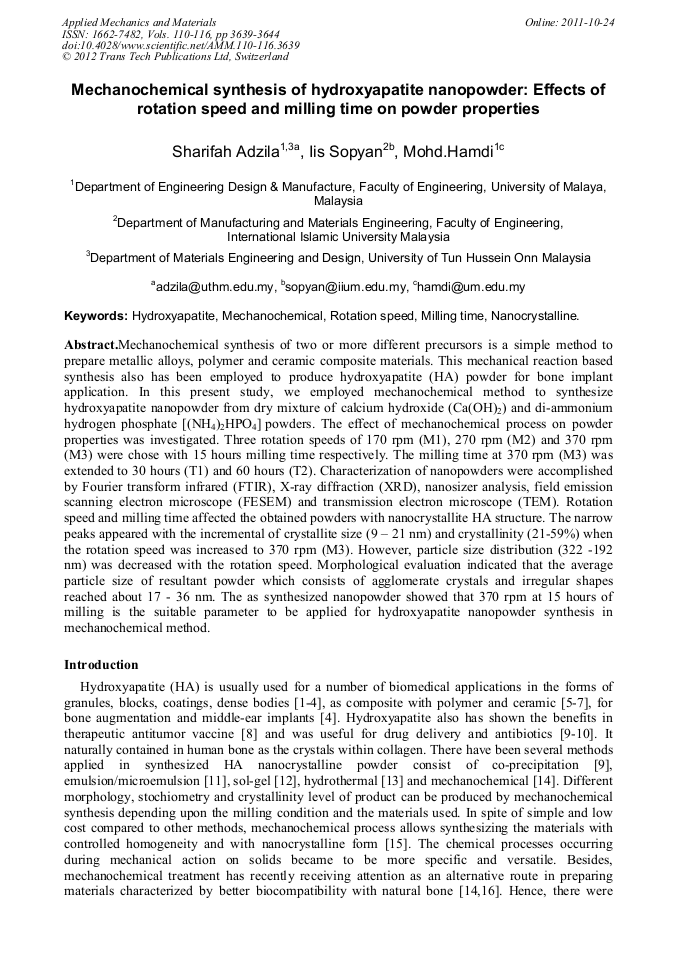 Mechanochemical Synthesis of Hydroxyapatite Nanopowder: Effects of ...