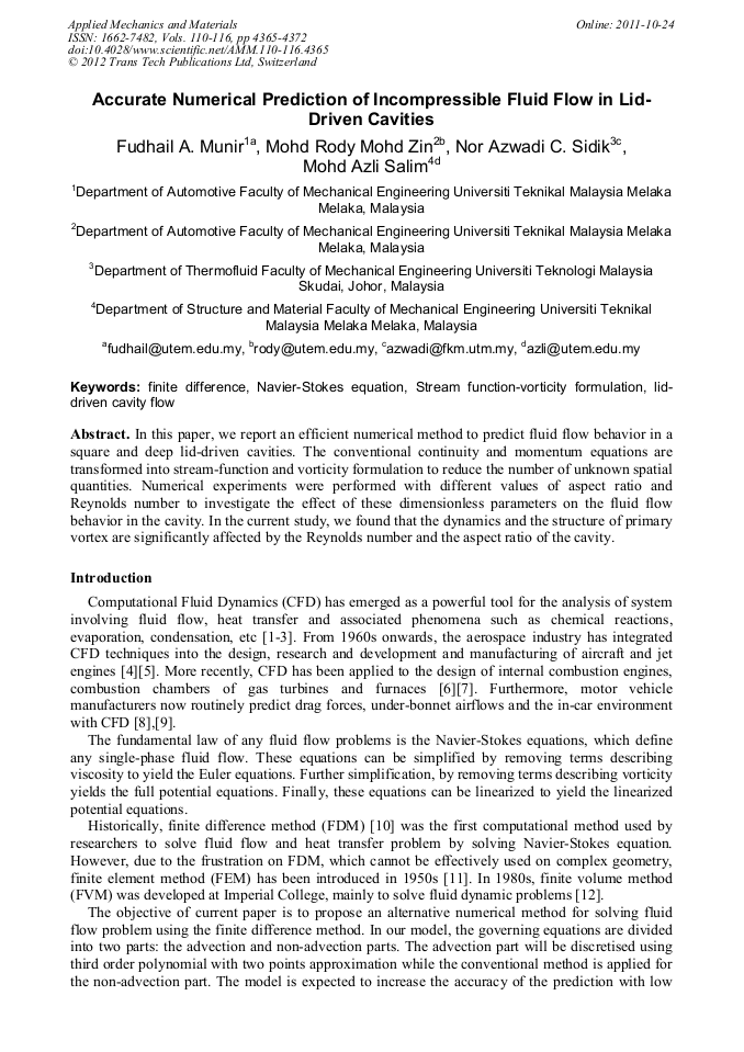 Accurate Numerical Prediction of Incompressible Fluid Flow in Lid-Driven Cavities | Scientific.Net