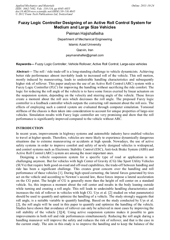 Fuzzy Logic Controller Designing of an Active Roll Control System for ...