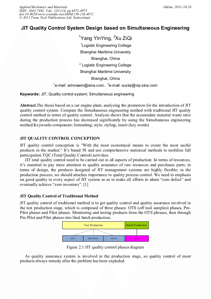 JIT Quality Control System Design Based on Simultaneous Engineering ...