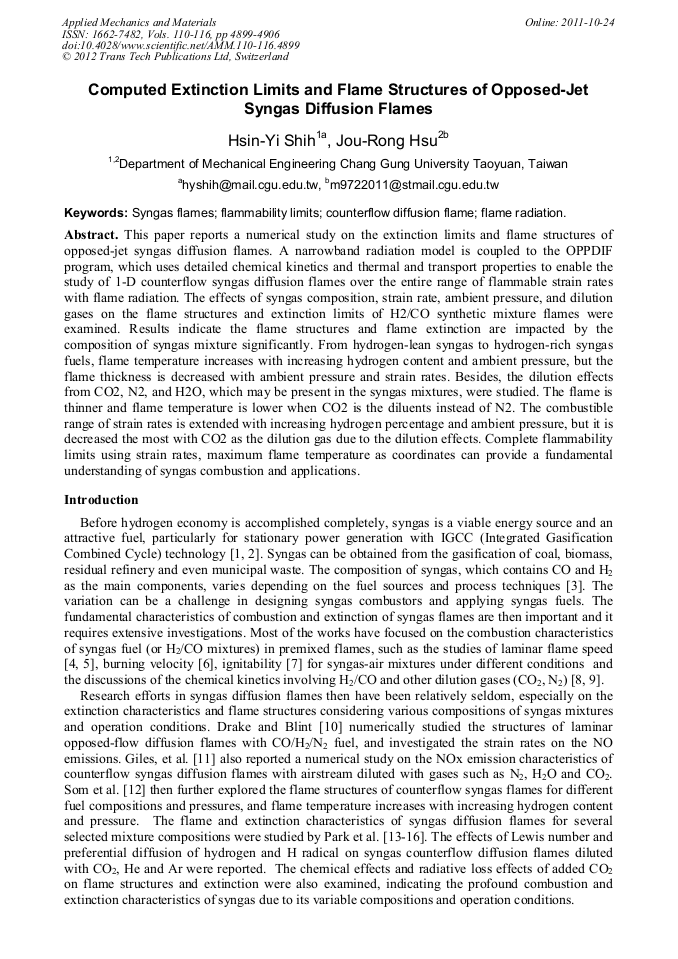 Computed Extinction Limits and Flame Structures of Opposed-Jet Syngas ...